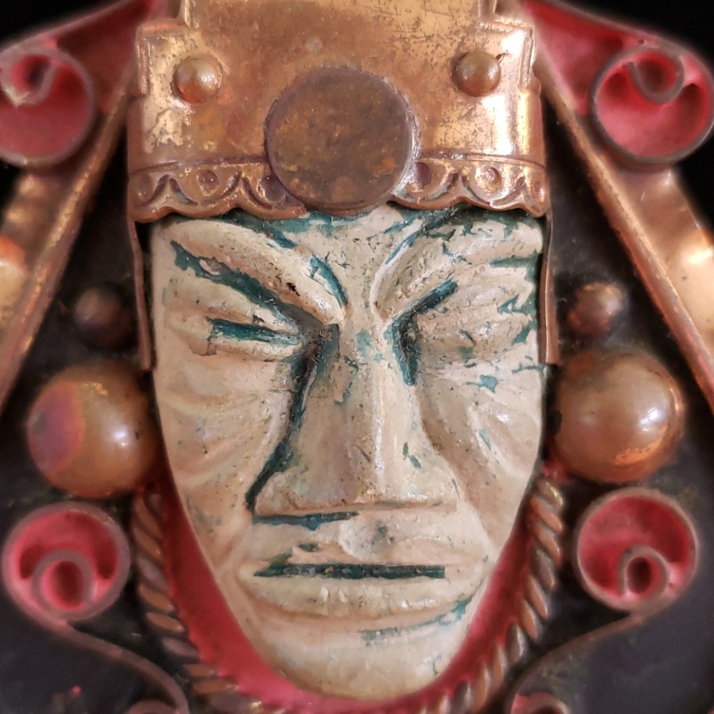 Vintage Mexican Aztec Mayan Tribal Face Copper - Gem